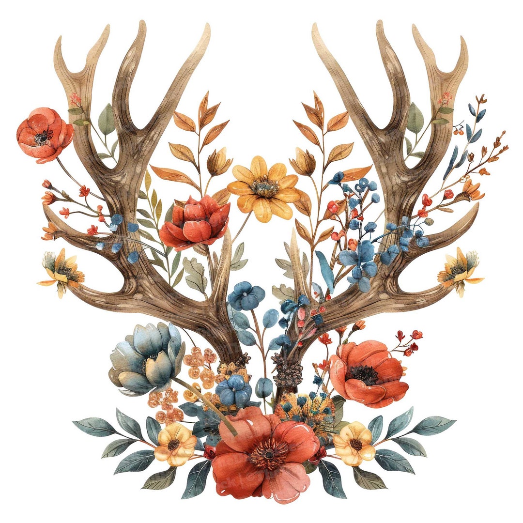Floral Antlers Clipart, 12 Jpgs, Floral Deer Head Clipart, Printable ...