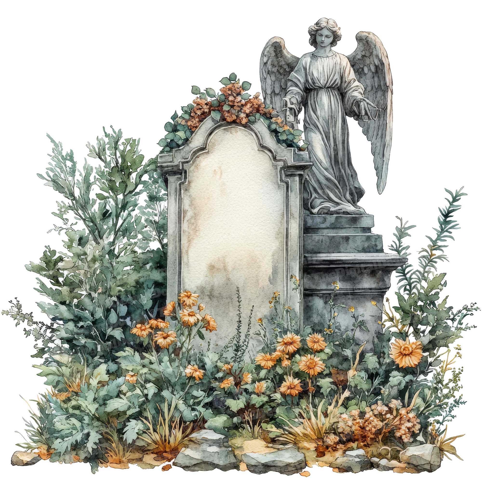 12 Angel Memorial Clipart, Floral Gravestone Clipart, Printable ...