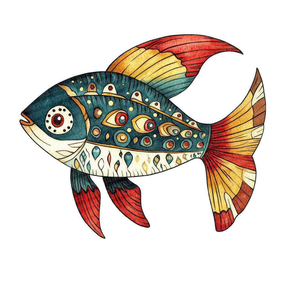 Folk Art Fish PNG Clip Art, 12x Patterned Fish Clipart Set, Printable ...