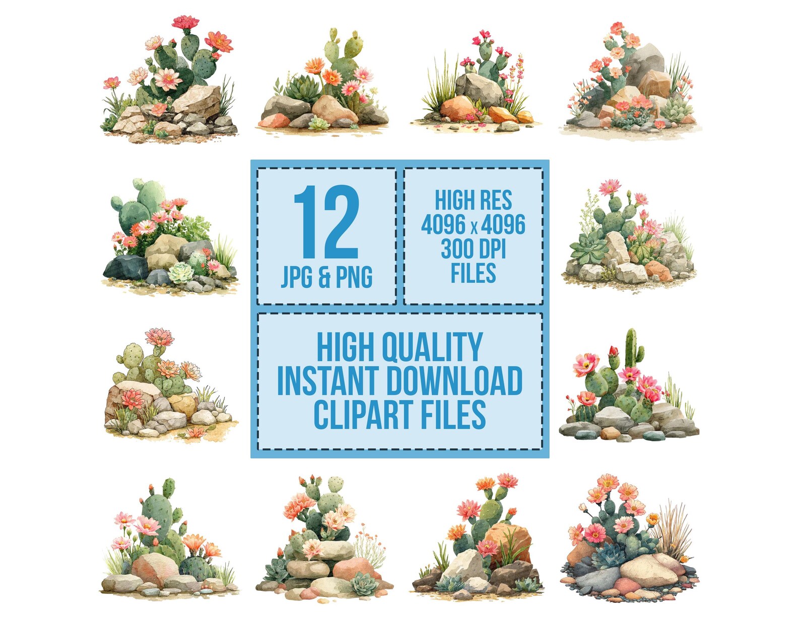 Cactus and Desert Flower Rockery PNG Art, 12x Southwestern Succulent ...