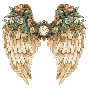 Clock Angel Wings PNG Clipart, 12x Watercolor Vintage Floral Wings Clip ...