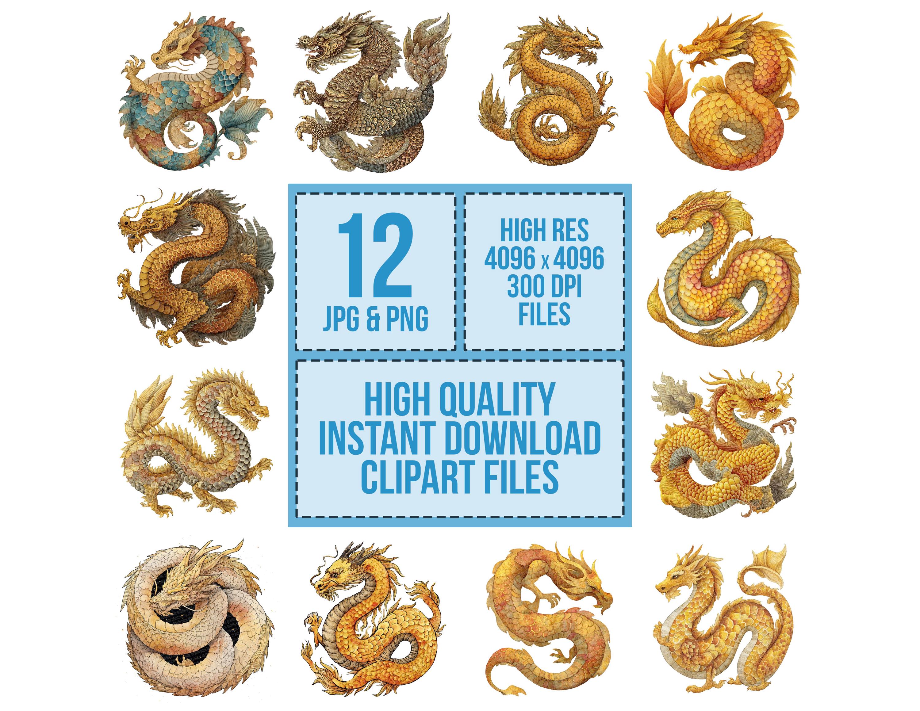 12x Watercolor Dragon PNG Clipart, Chinese Gold Dragon Clip Art Set ...