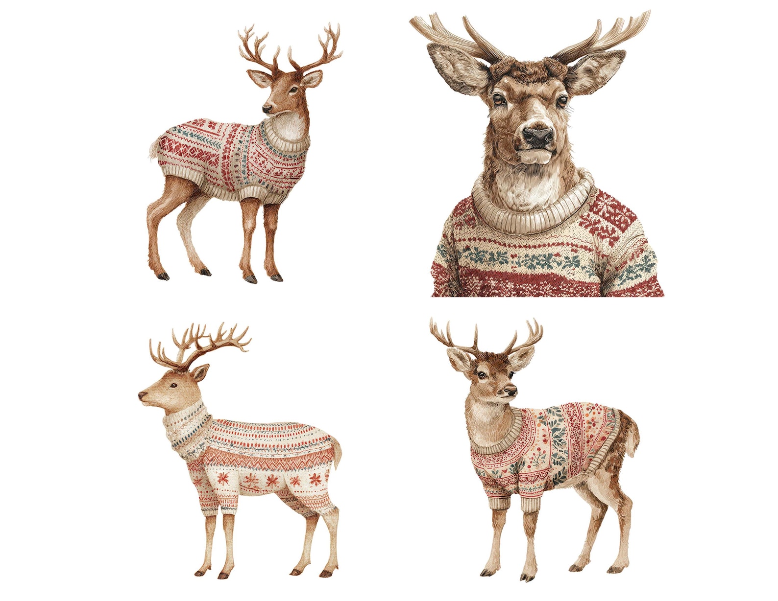 Deer PNG Clipart, 12x Christmas Deer in Sweater Clip Art Set, Printable ...