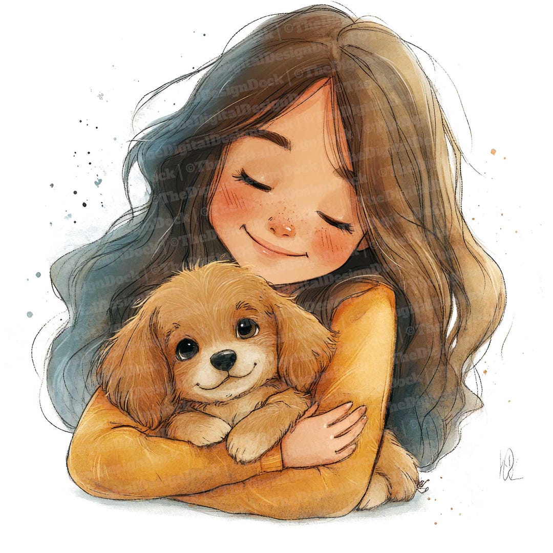 12 Girl and Puppy Clipart, Watercolor Cute Animals Art, Child and Dog ...