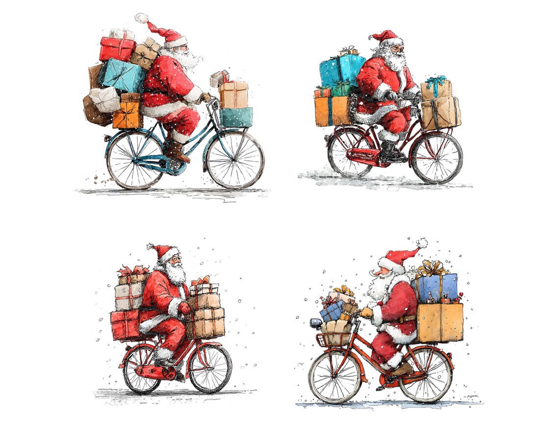 12x Santa on Bicycle PNG Clipart, Watercolor Christmas Clip Art With ...