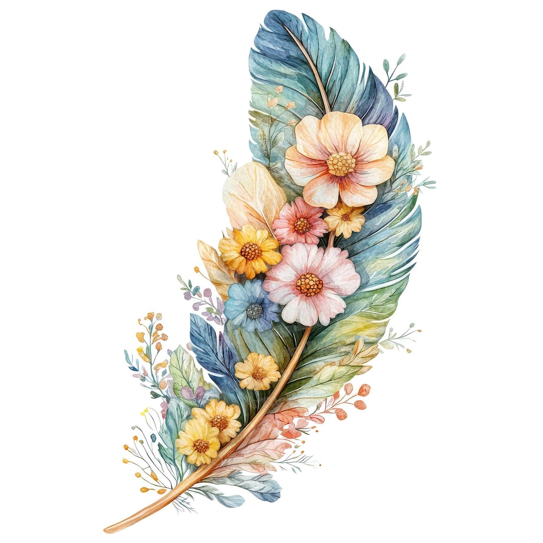 12x Floral Feather Clipart, Feather and Flowers Clipart, High Quality ...