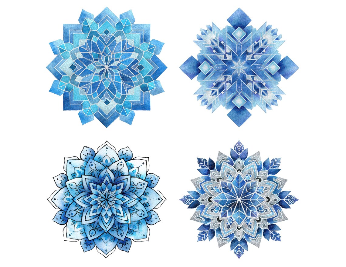 12x Snowflake Clip Art, Abstract Watercolor Snowflakes PNG Set, Winter ...