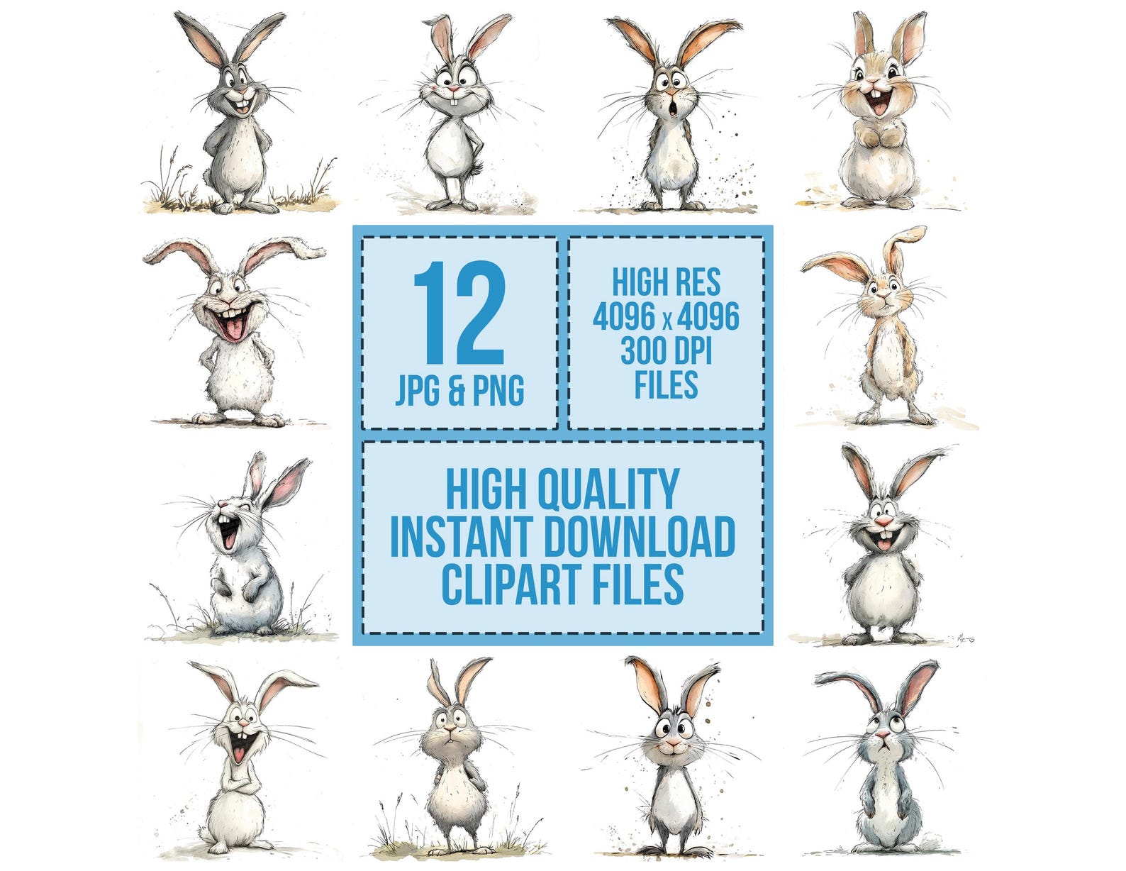 Quirky Rabbit PNG Clipart, 12x Funny Bunny Clip Art Set, Printable ...