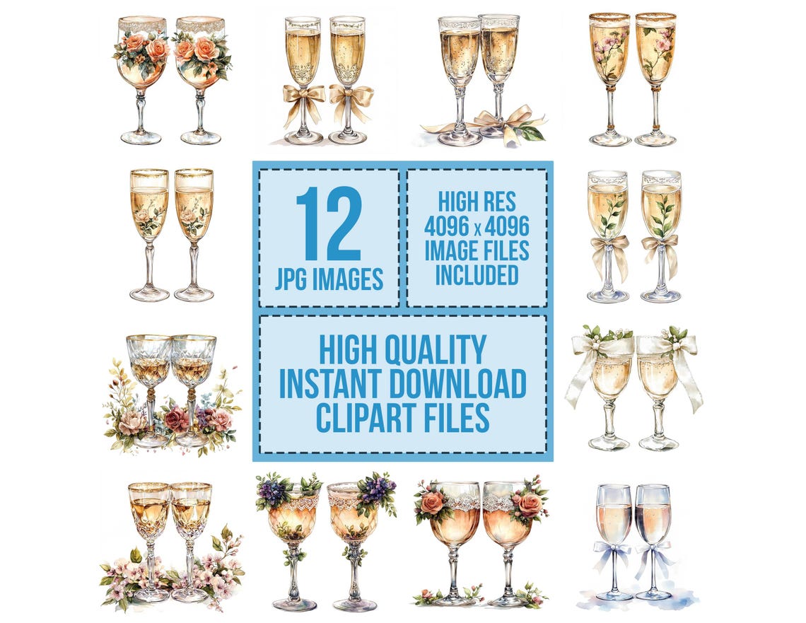 12 Wedding Glasses Clipart, Watercolor Champagne Flutes With Floral ...
