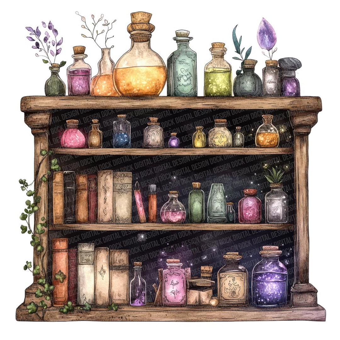Potion Shelf PNG Clipart, 12x Watercolor Magic Bookshelf Clip Art Set ...