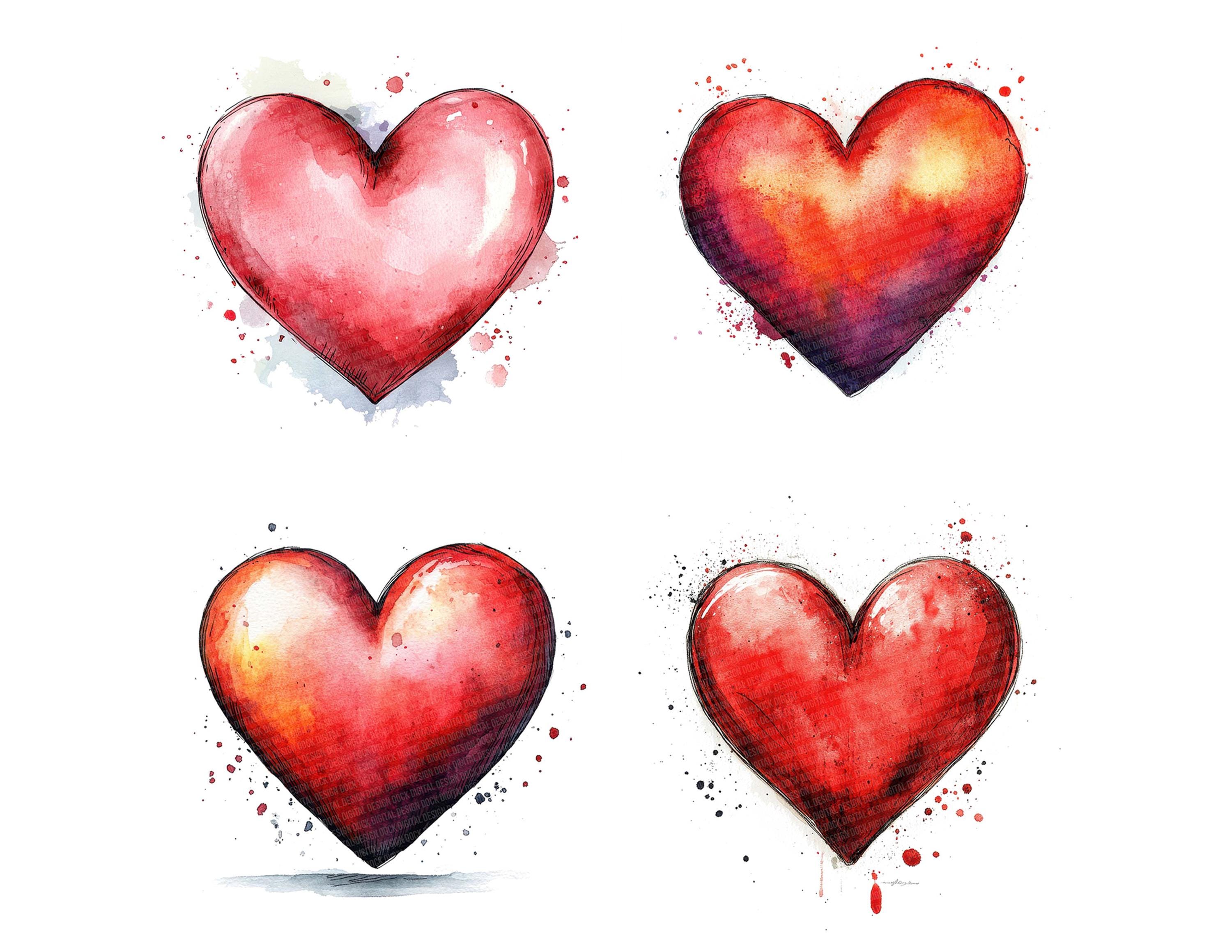 Watercolor Heart PNG Clipart, 12x Red Love Heart Clip Art Set,hand ...