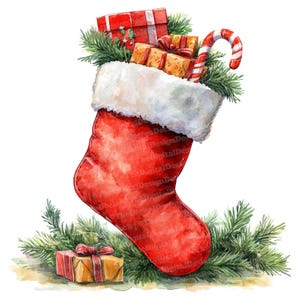 12 Christmas Stocking Clipart, Watercolor Stocking With Gifts ...