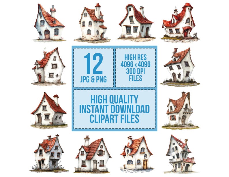 Crooked Cottage PNG Clipart,12x Old Cottage Watercolor Clip Art Set ...
