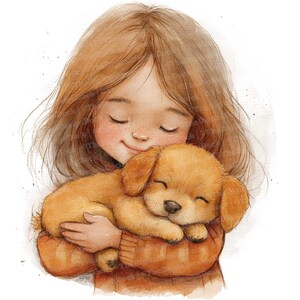 12 Girl and Puppy Clipart, Watercolor Cute Animals Art, Child and Dog ...