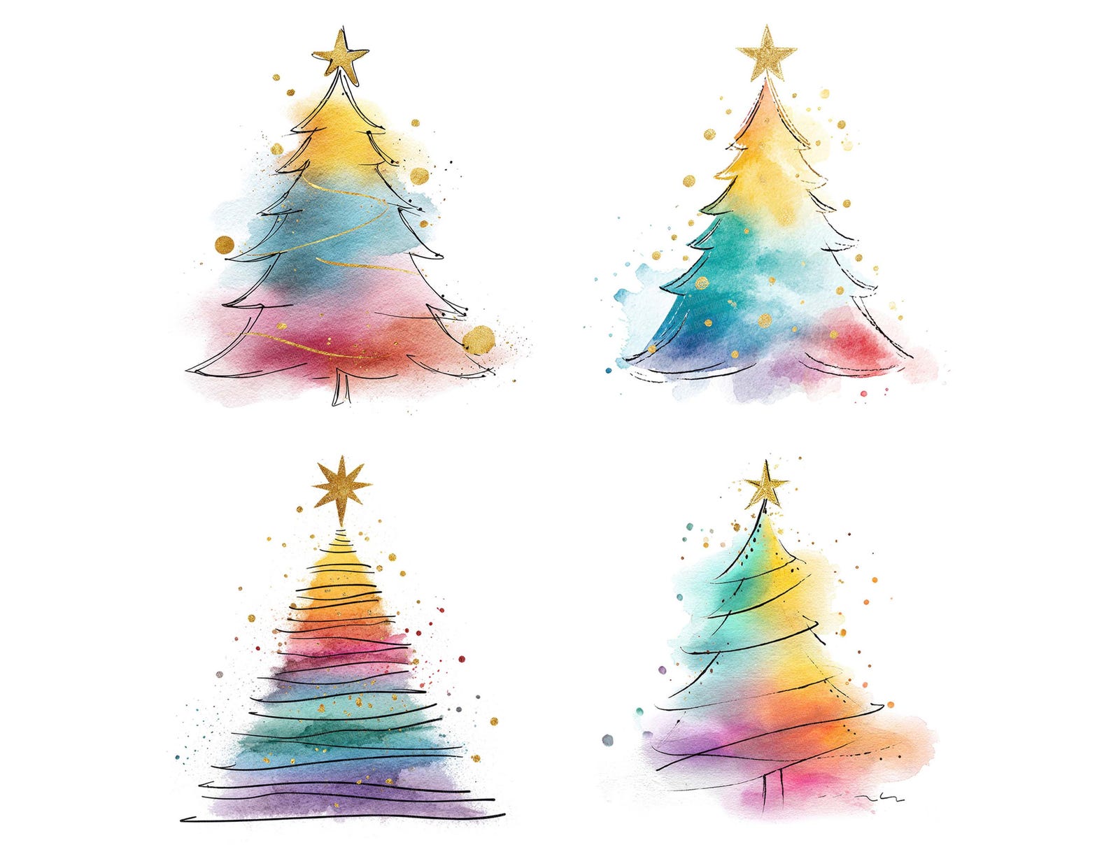 Sketch Rainbow Christmas Tree PNG Clipart, 12x Watercolor Holiday Tree ...