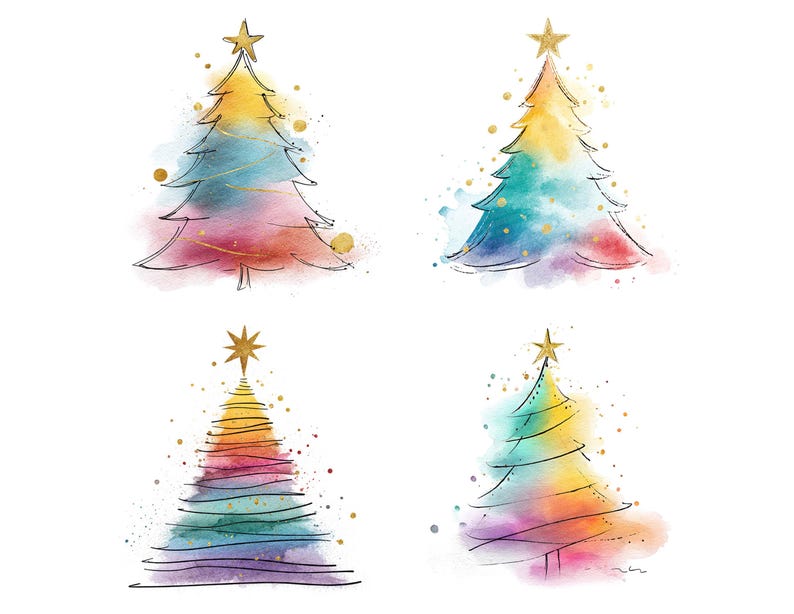 Sketch Rainbow Christmas Tree PNG Clipart, 12x Watercolor Holiday Tree ...