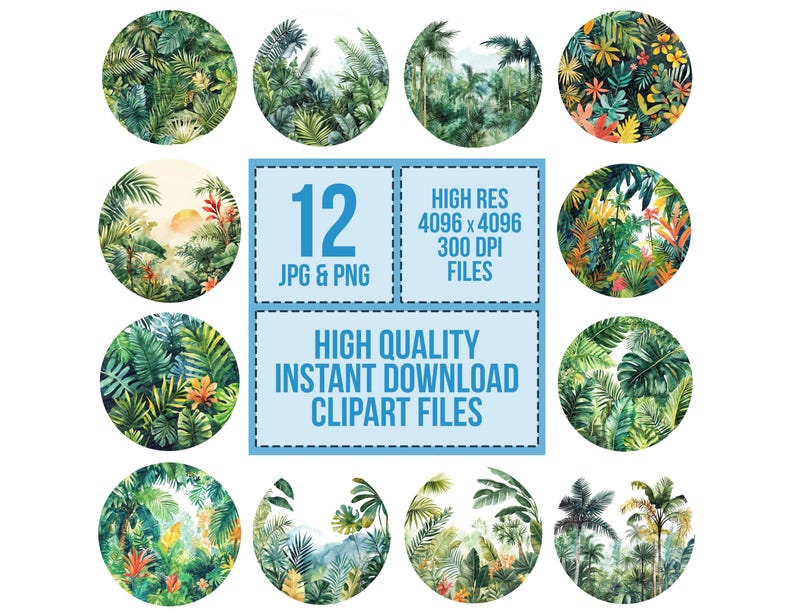 Tropical Jungle PNG Clipart, 12x Palm Tree Watercolor Clip Art Set ...