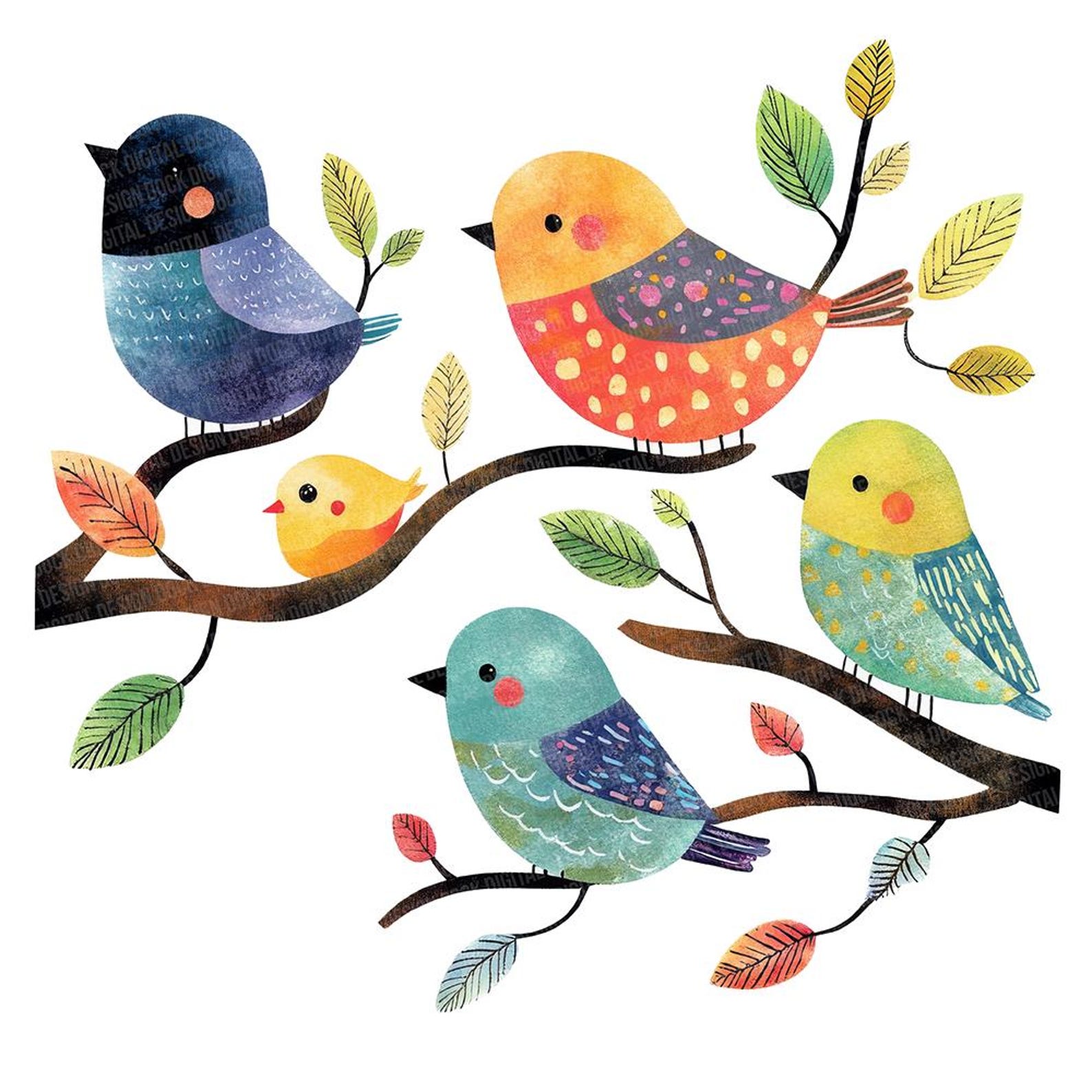 Birds on Branch PNG Clipart, 12x Colorful Watercolor Bird Art Set ...