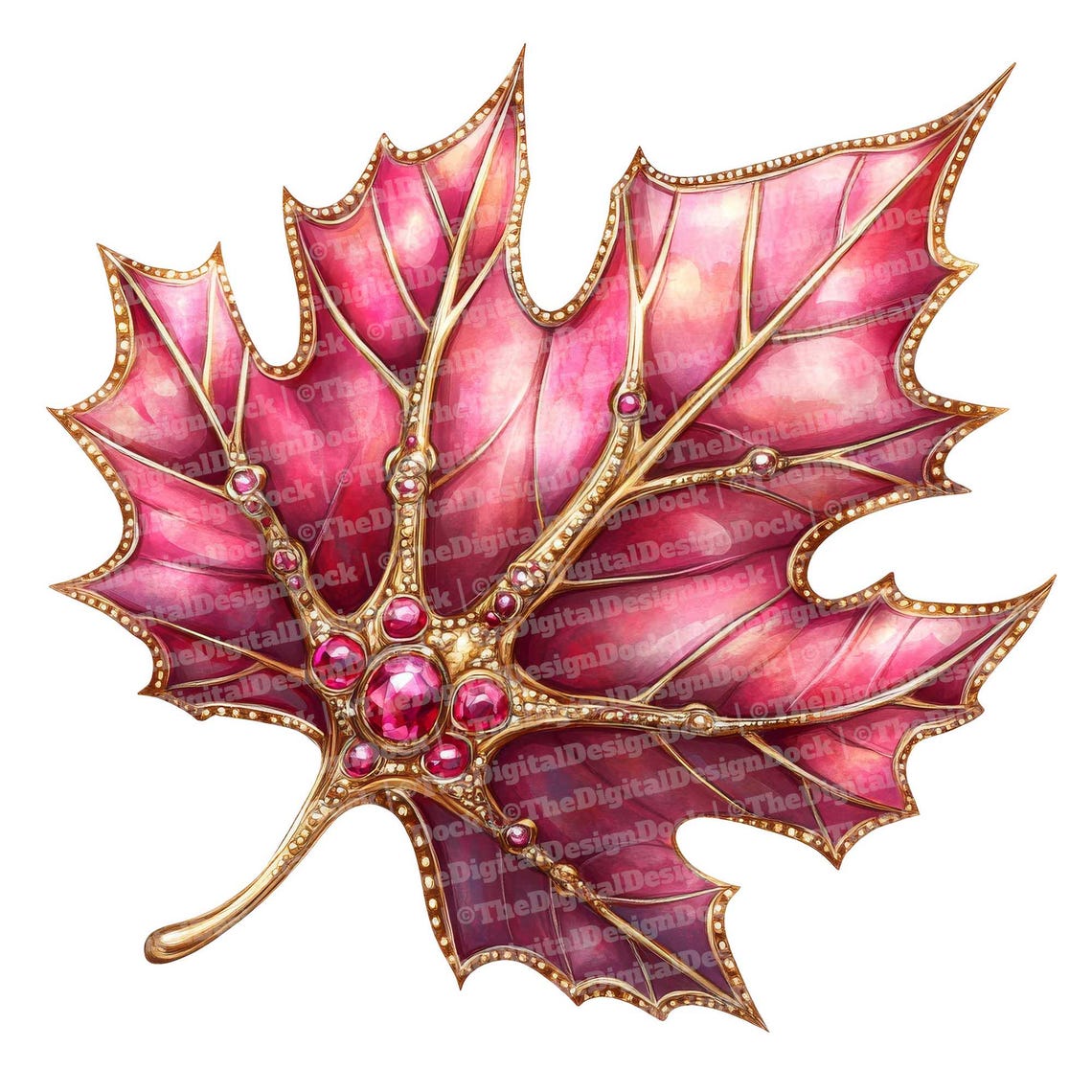 Jeweled Maple Leaf Clip Art, 12x Watercolor Leaf With Gems Clipart Set ...