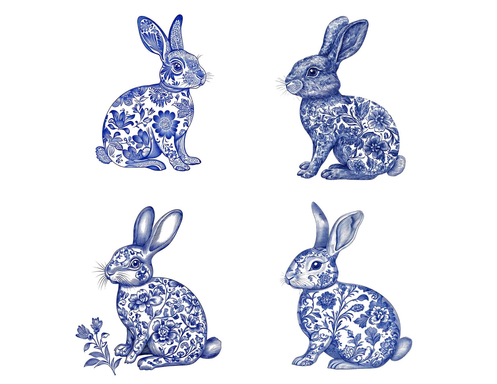 Delft Blue Rabbit Clipart, 12x Watercolor Bunny PNG Set, Floral Rabbit ...