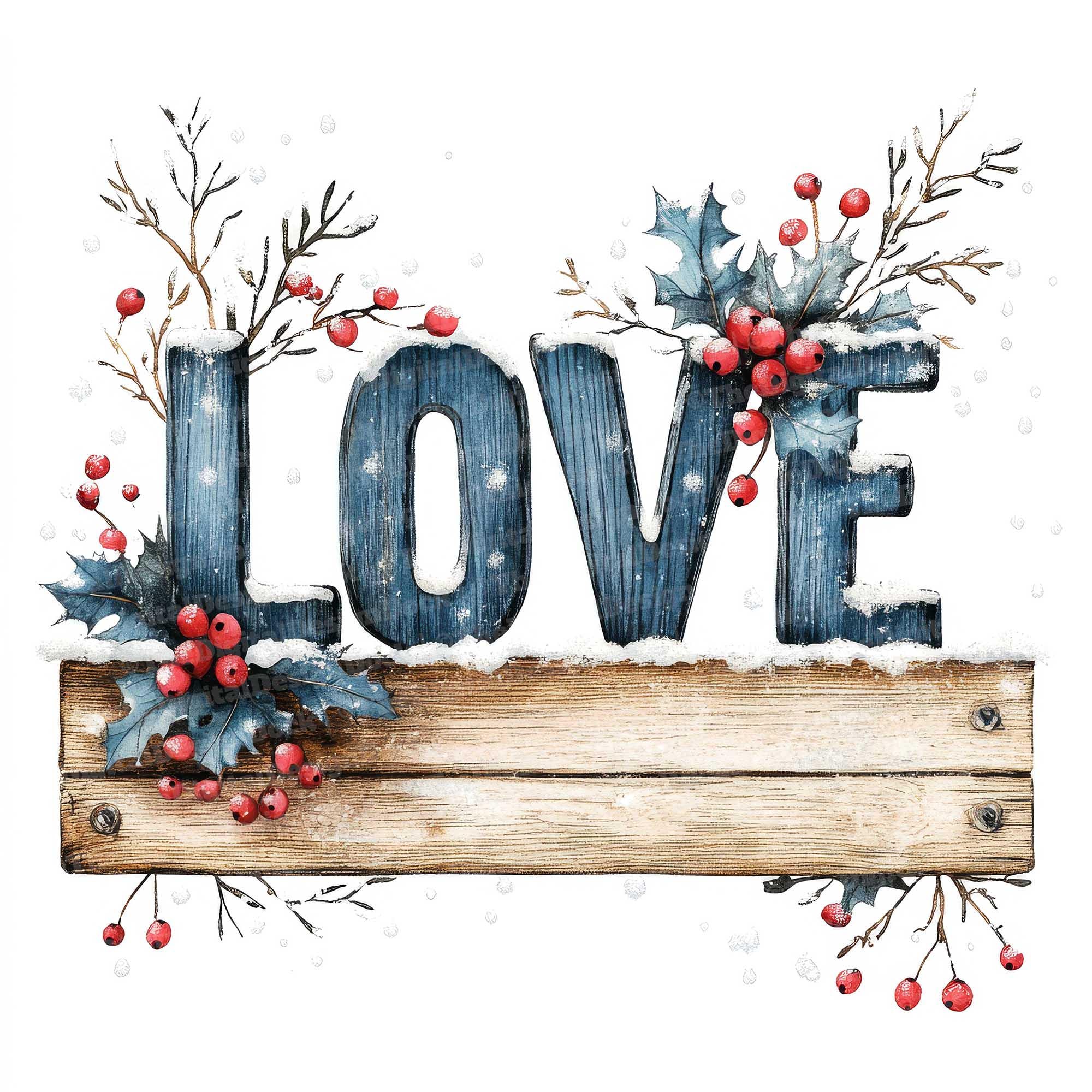 Winter Love Sign Clip Art, 12x Rustic Holiday Clipart Set, Printable ...