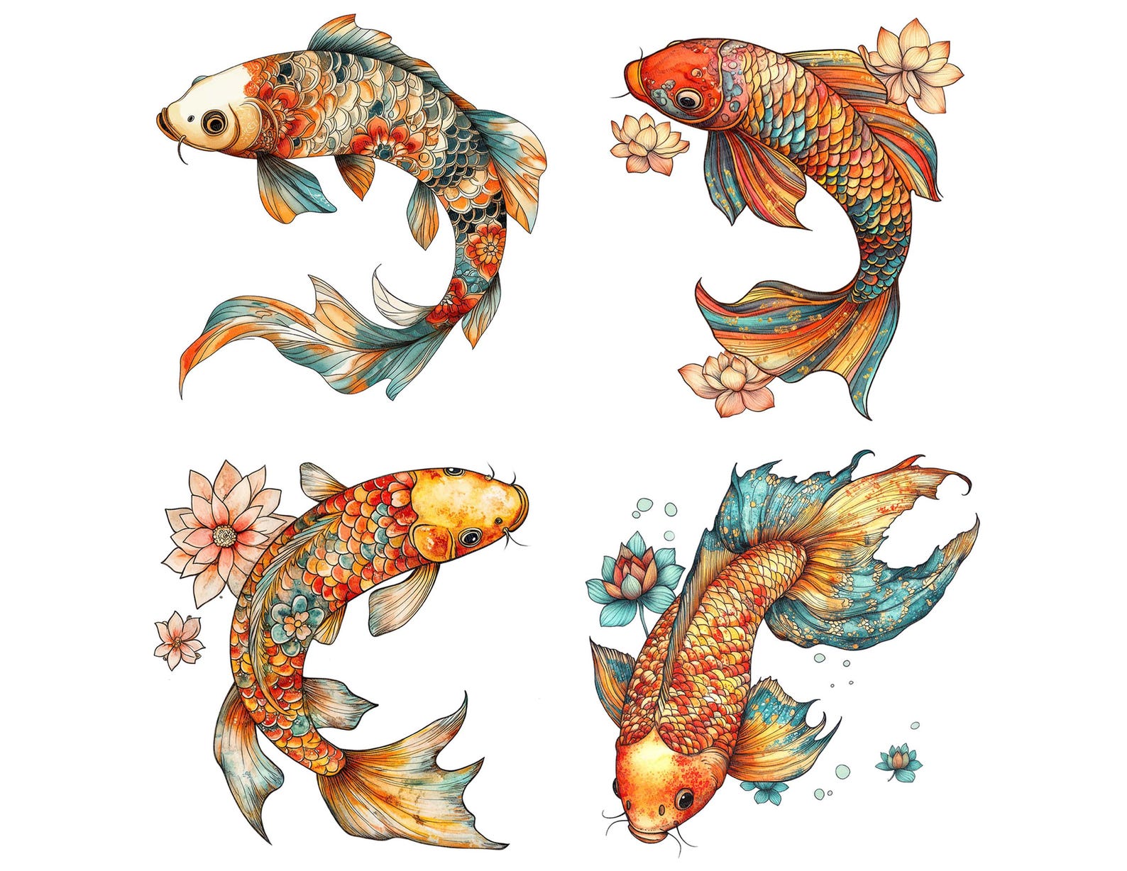 Folk Koi Fish Clip Art, 12x Koi With Lotus PNG Clipart Set, Watercolor ...