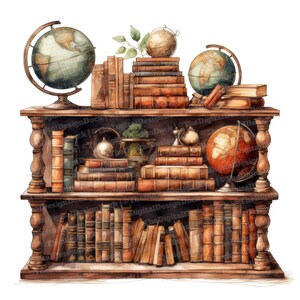 12x Antique Bookshelf Clipart, Reading Books Clipart, Printable ...
