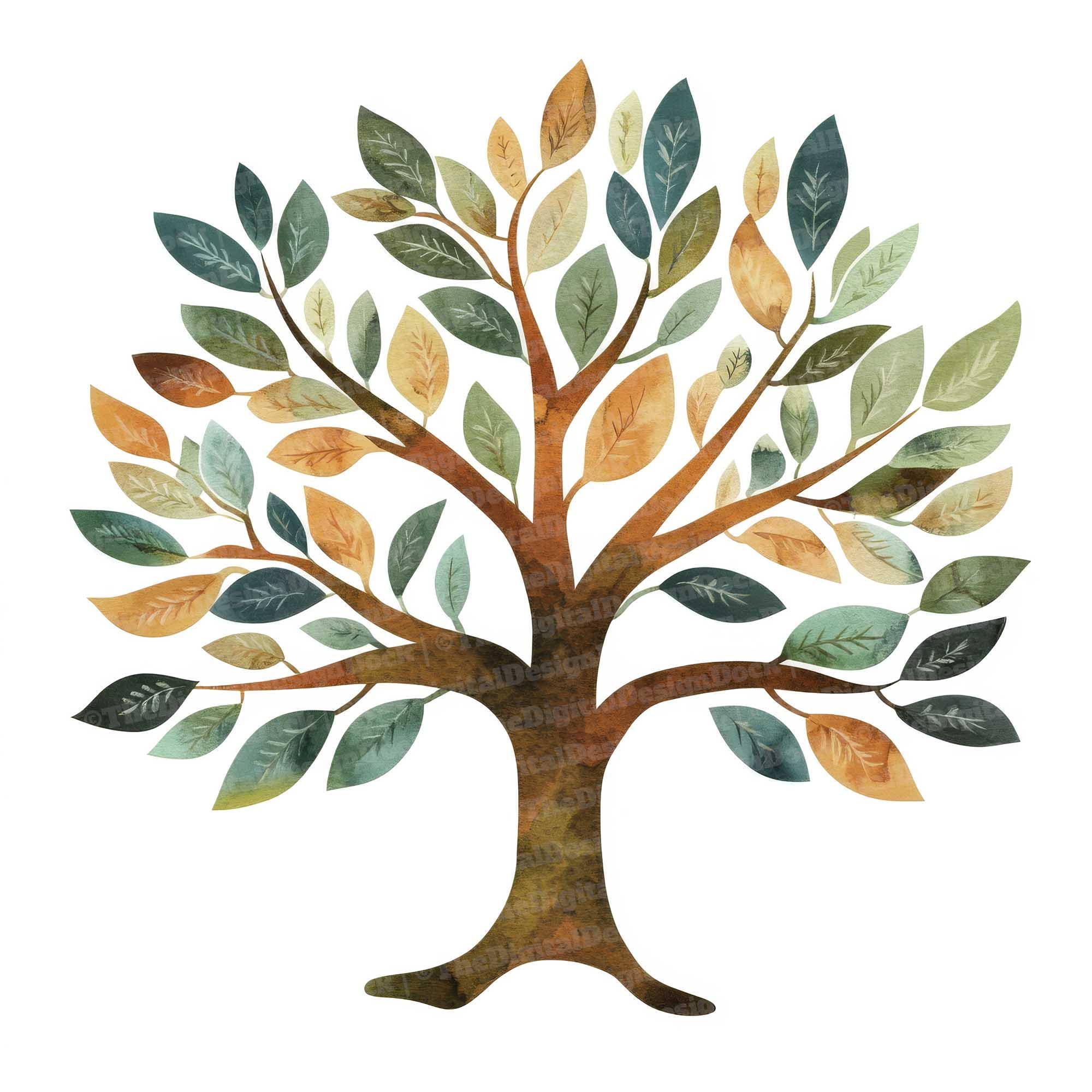 Folk Art Tree Clip Art, 12x Decorative Tree Clipart Set, Watercolor ...