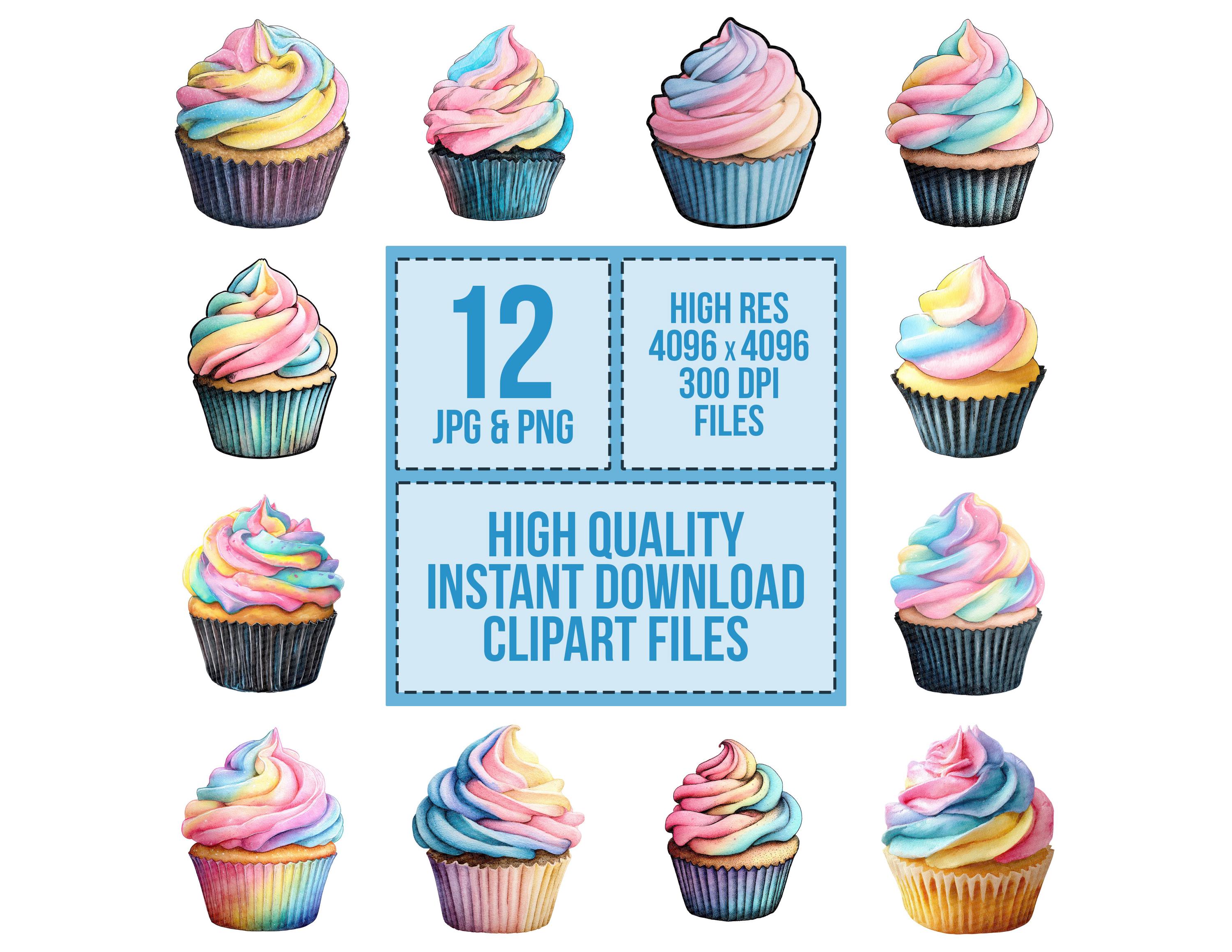 12 Rainbow Cupcake PNG Clipart, Watercolor Sweet Treats Clip Art Set ...