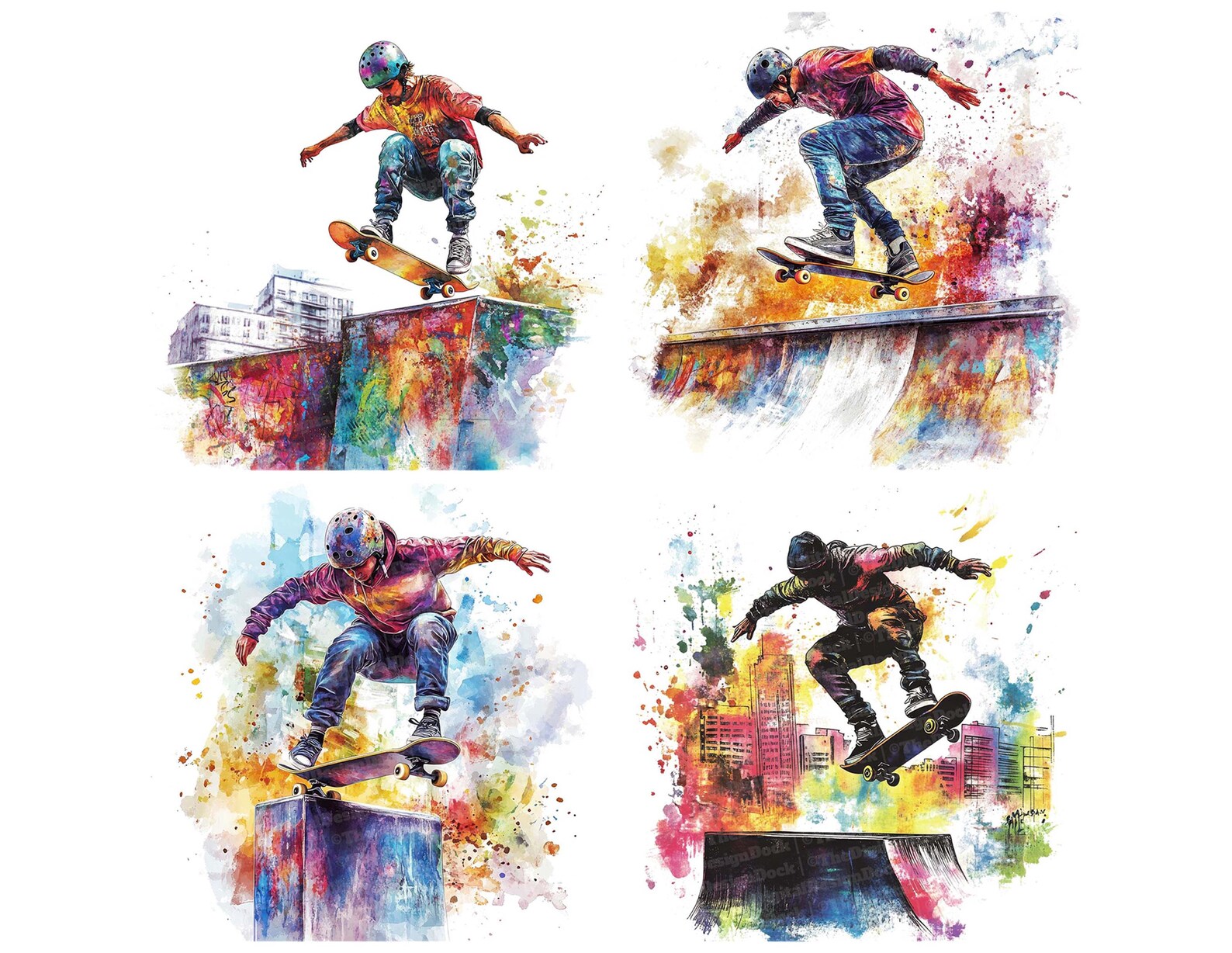 Skateboarder Clip Art, 12x Watercolor Skateboarding Clipart Set ...