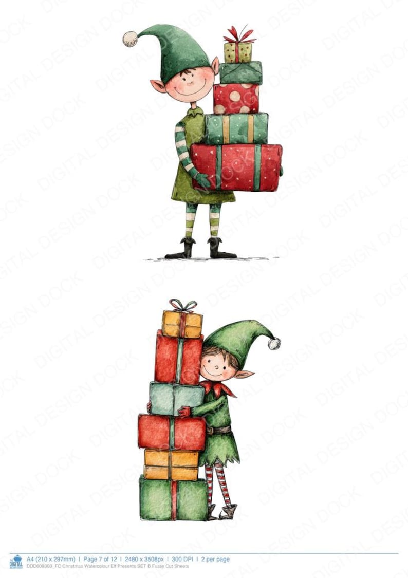 Christmas Watercolour Elf Presents Fussy Cut Sheets, 12x Printable ...