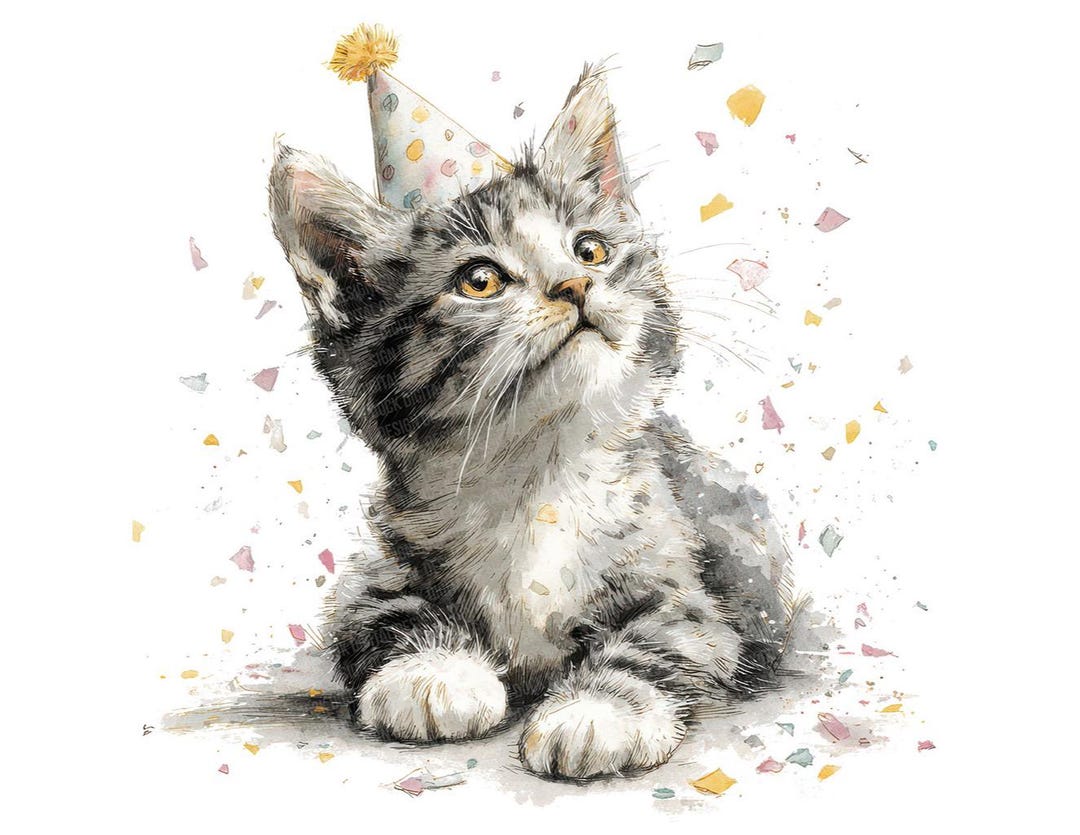 Party Cat PNG Clipart, 12x Watercolor Kitten Confetti Clip Art Set ...