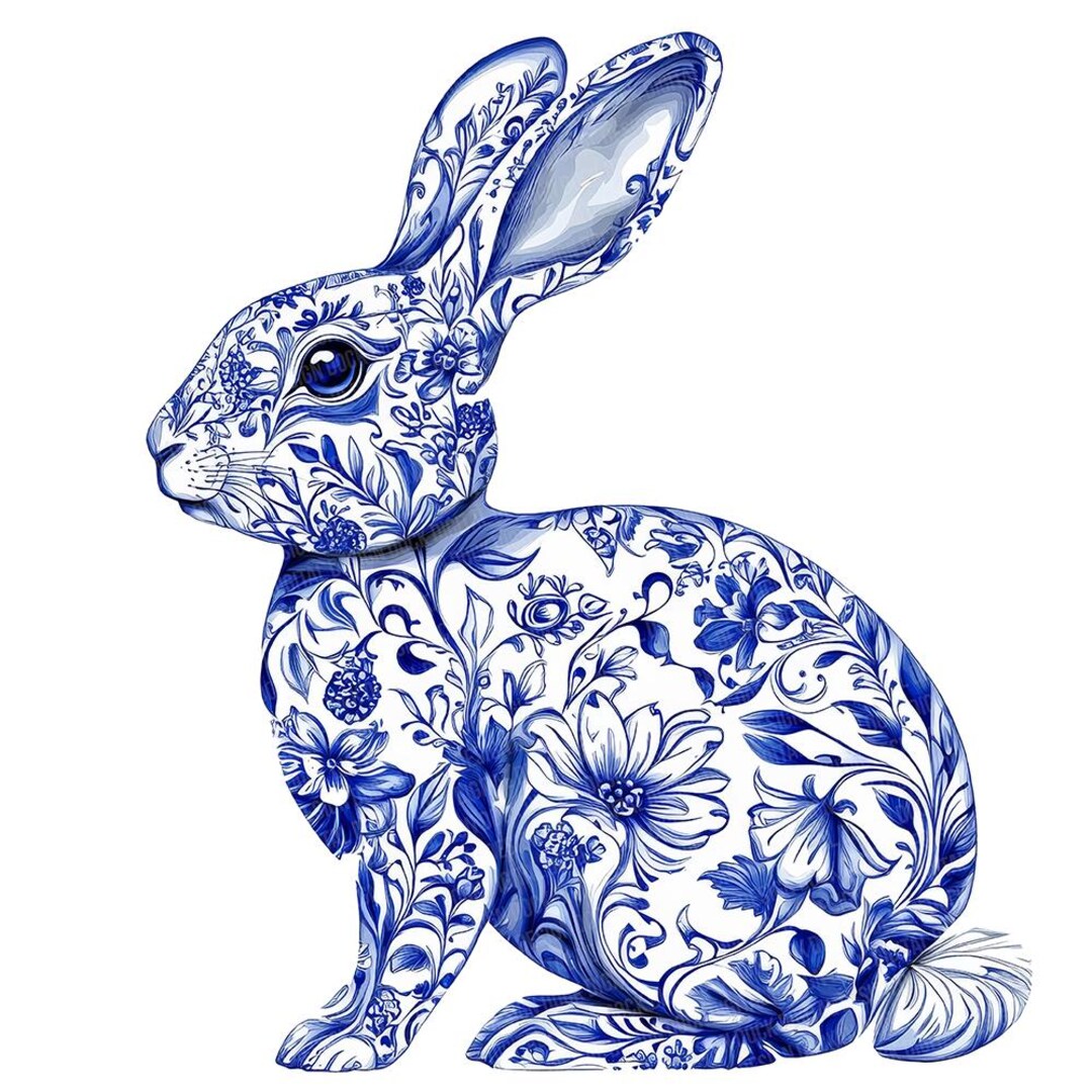 Delft Blue Rabbit Clipart, 12x Watercolor Bunny PNG Set, Floral Rabbit ...