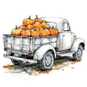 Pumpkin Truck Clip Art, 12x Watercolor Vintage Truck Pumpkins Harvest ...
