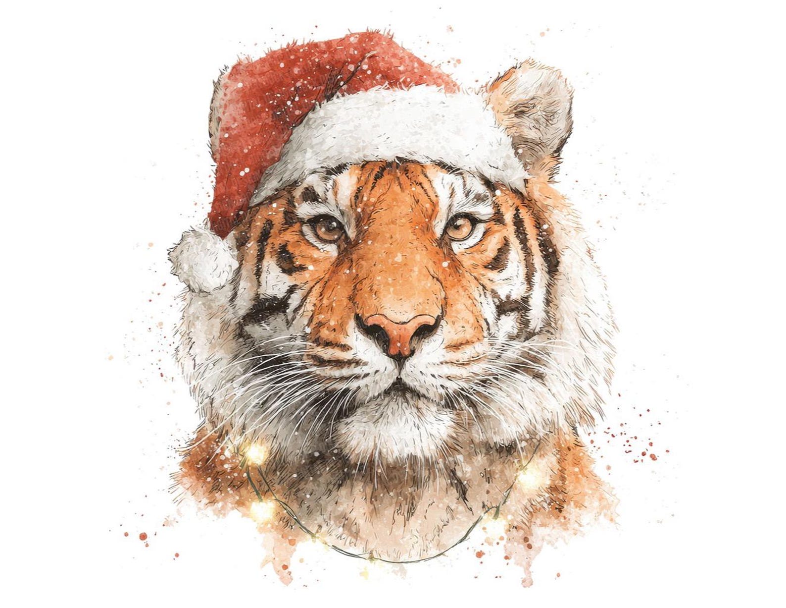 Christmas Tiger Clipart, 12x Santa Hat Tigers PNG, Printable Watercolor ...