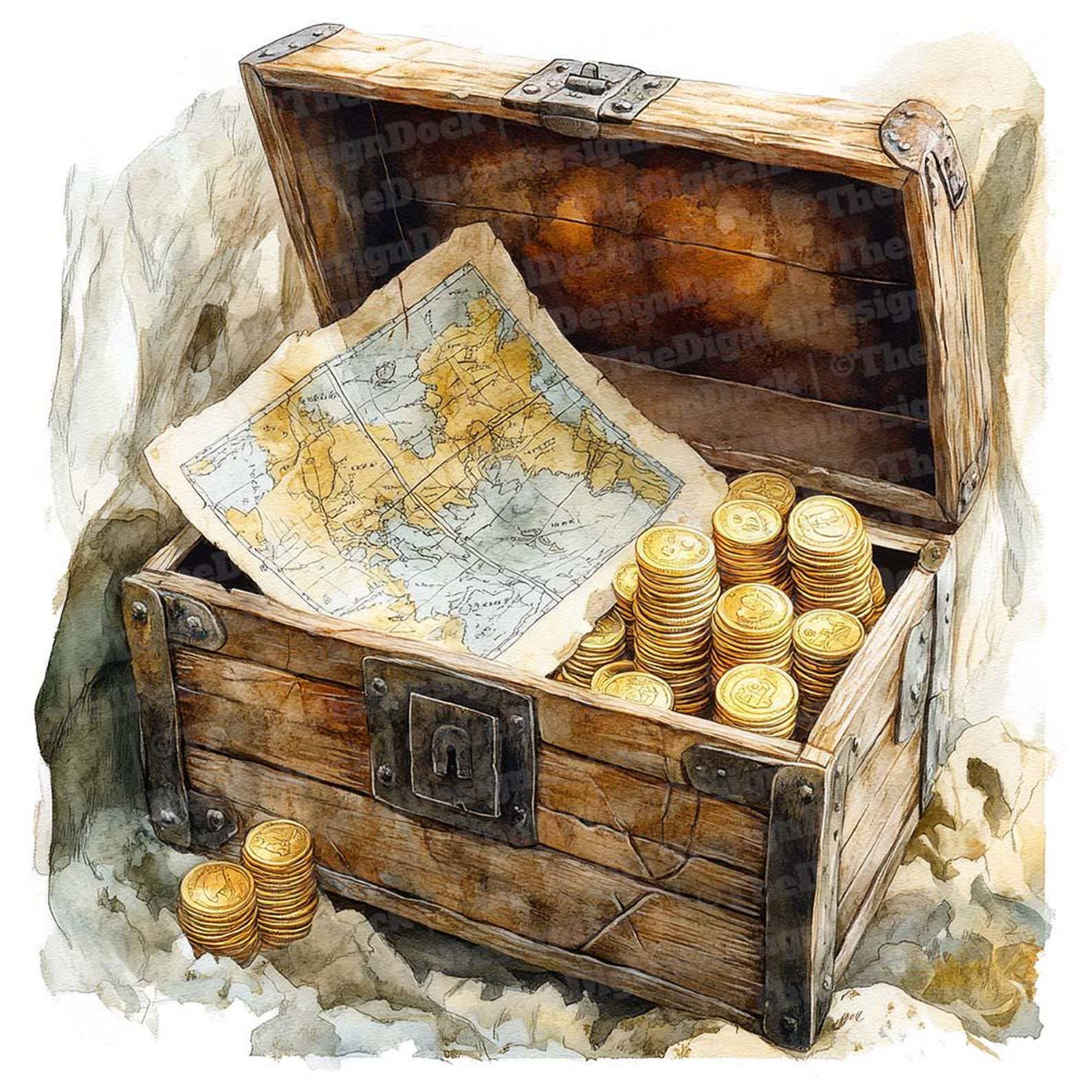 Treasure Map Chest Clip Art, 12x Gold Coins Maps Clipart Set, Printable ...