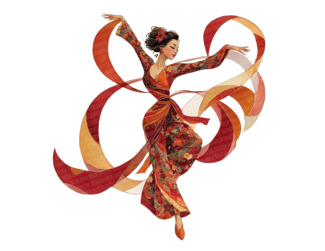 12x Flowing Ribbon Dance Clipart, Watercolor Traditional Dancer Clip ...