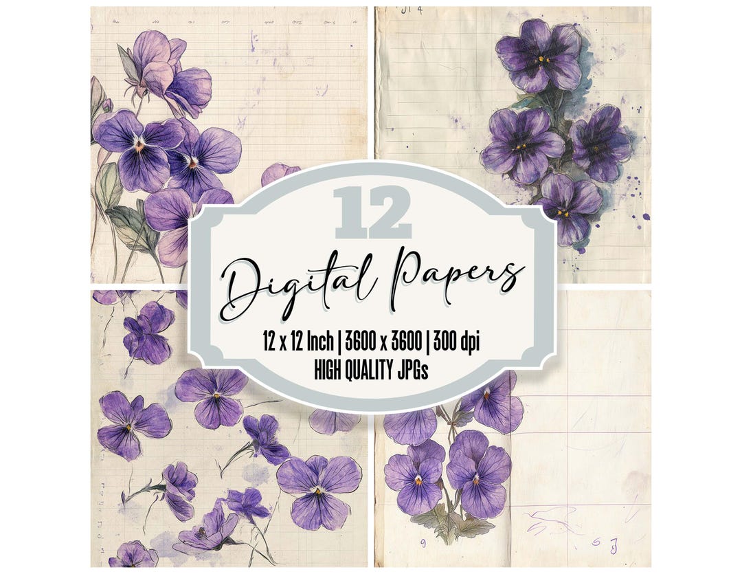 12x Purple Violet Junk Journal Paper Botanical Digital Paper Pack High ...