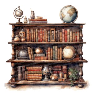 12x Antique Bookshelf Clipart, Reading Books Clipart, Printable ...