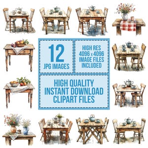12 Cottage Table Clipart, Rustic Farmhouse Decor, Printable Watercolor ...