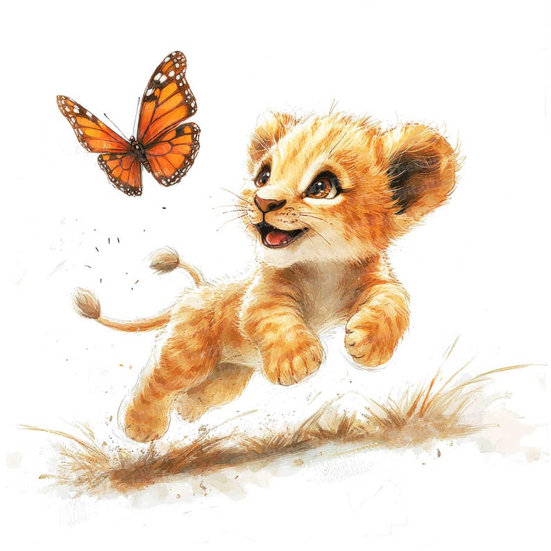 12 Lion Cub Clipart, Watercolor Baby Lion With Butterfly Art, Jungle ...