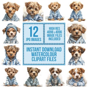 12 Puppy in Pajamas Clipart, Watercolor Dog Clipart, Printable ...