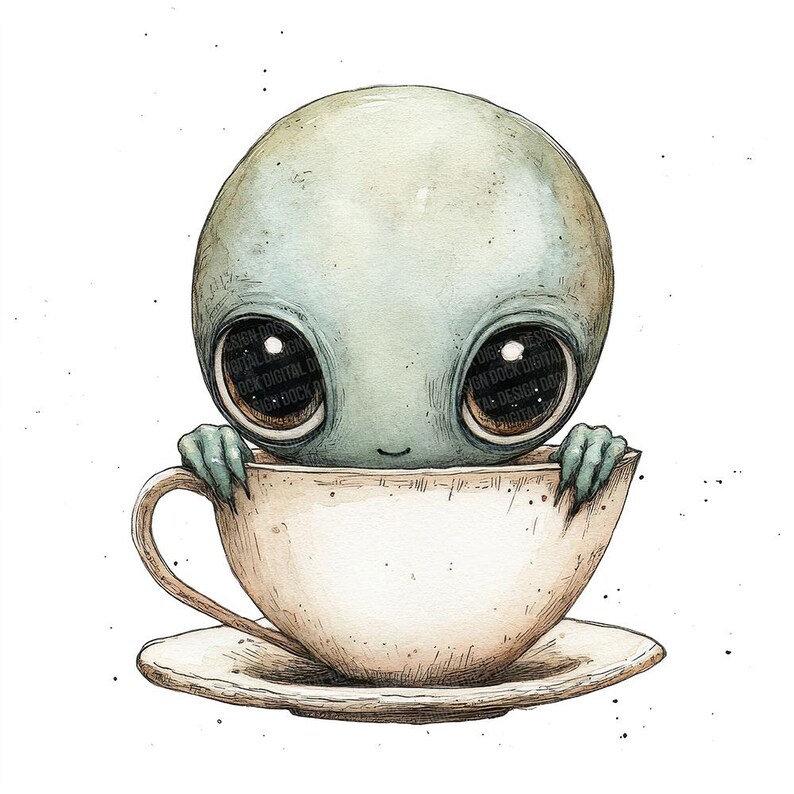 Alien Clipart, 12x Teacup Alien PNG Clip Art Set, Printable Watercolor ...