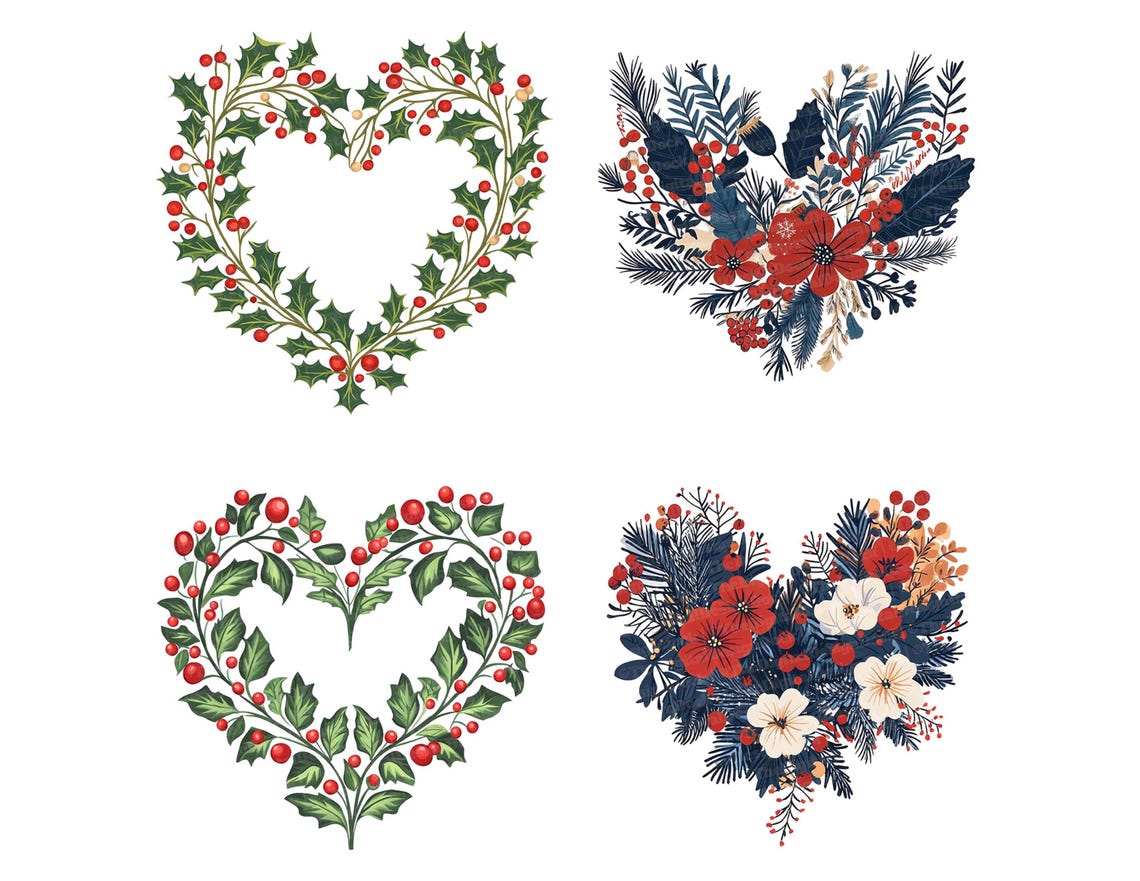 12 Christmas Heart Wreath Clip Art, Holiday Floral Watercolor Set ...