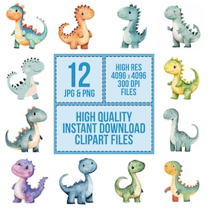 Dinosaur PNG Clip Art, 12x Nursery Dino Clipart PNG Set, Watercolor ...