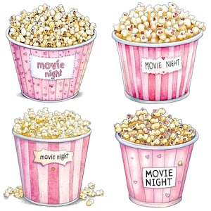 Popcorn PNG Clipart, 12x Watercolor Movie Night Clip Art Set, Printable ...
