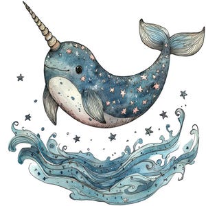 Folk Narwhal Clip Art, 12x Narwhal With Stars PNG Clipart Set ...