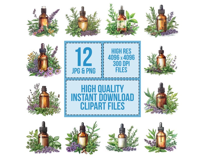 12x Essential Oil Clip Art, Herb Oil Bottle PNG Set, Printable ...