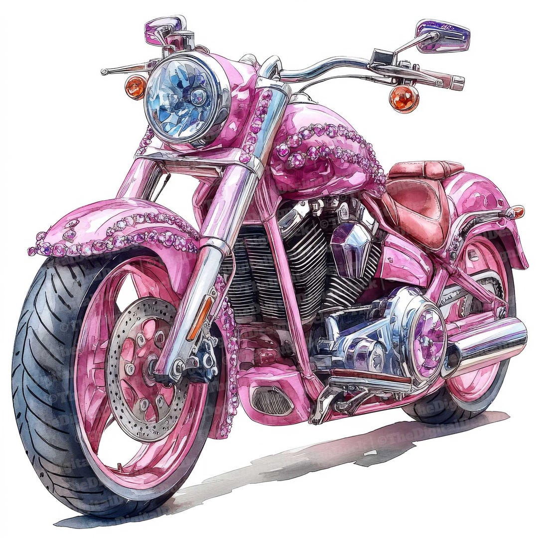 12x Pink Motorcycle Clipart, Watercolor Gem Studded Motorbike ...
