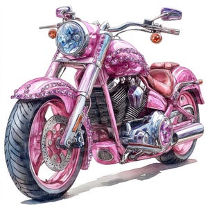 12x Pink Motorcycle Clipart, Watercolor Gem Studded Motorbike ...